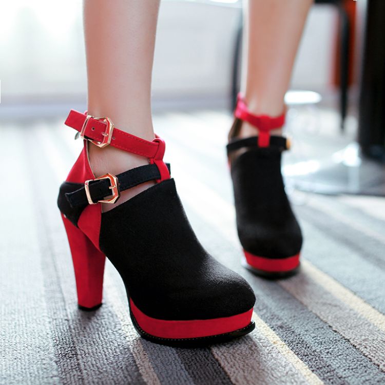 Stylish Red And Black Chunky Heel Boots on Luulla